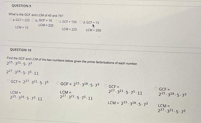 Solved QUESTION 9 What is the GCF and LCM of 45 and 75? a. | Chegg.com