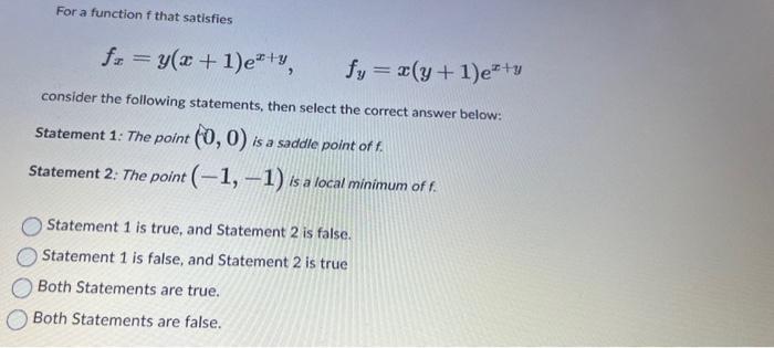 Solved For a function f that satisfies fx = y(x + 1)e+y, fy | Chegg.com