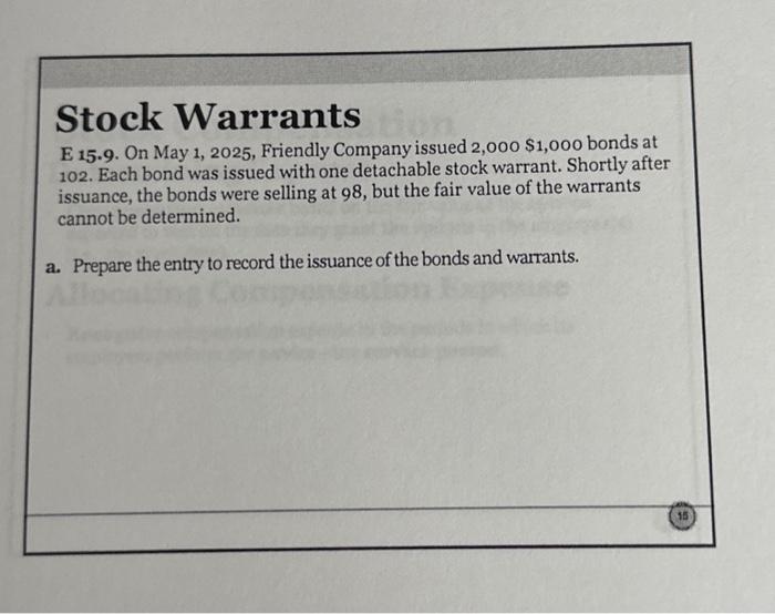 Solved Stock Warrants E 15.9. On May 1, 2025, Friendly | Chegg.com