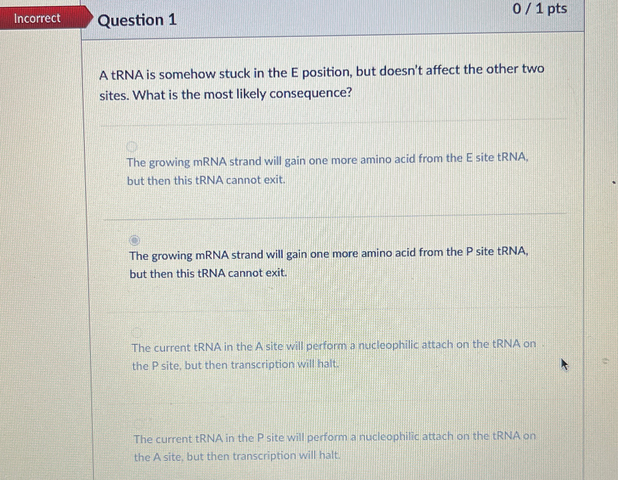 Solved IncorrectQuestion 101 ﻿ptsA tRNA is somehow stuck in | Chegg.com