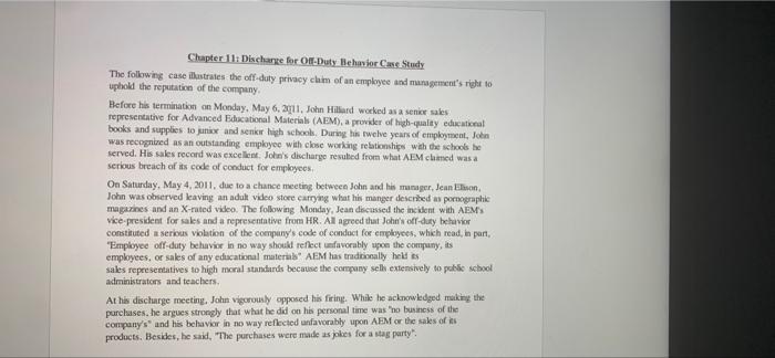 Solved Chapter 11: Discharge for Of Duty Behavior Case Study | Chegg.com