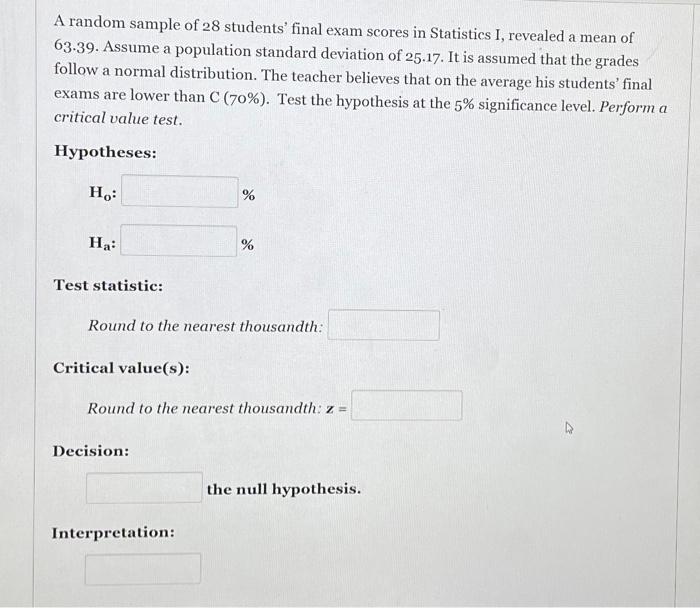 A random sample of 28 students' final exam scores in | Chegg.com