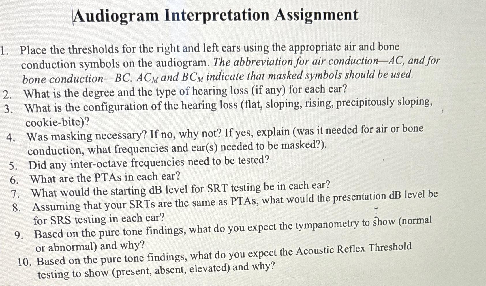 Solved Audiogram Interpretation AssignmentPlace the | Chegg.com