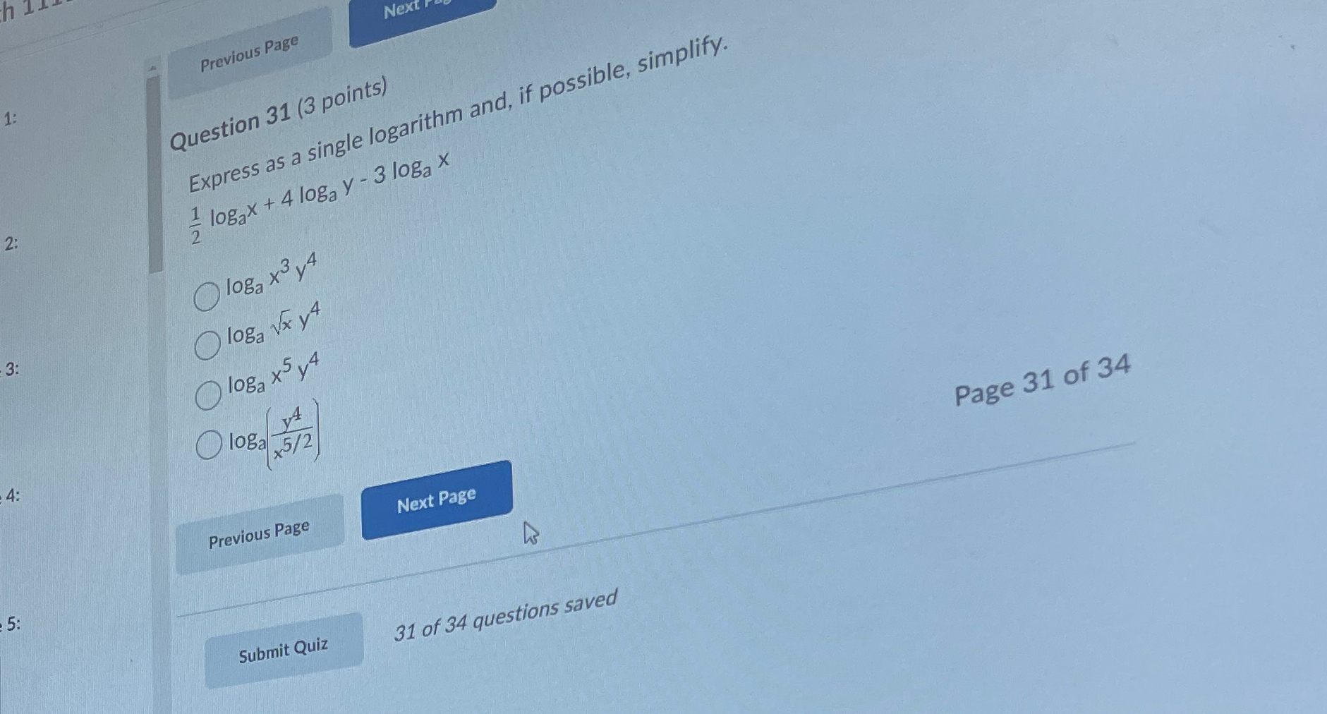 Solved previous pageQuestion 31 (3 ﻿points)single logarithm | Chegg.com