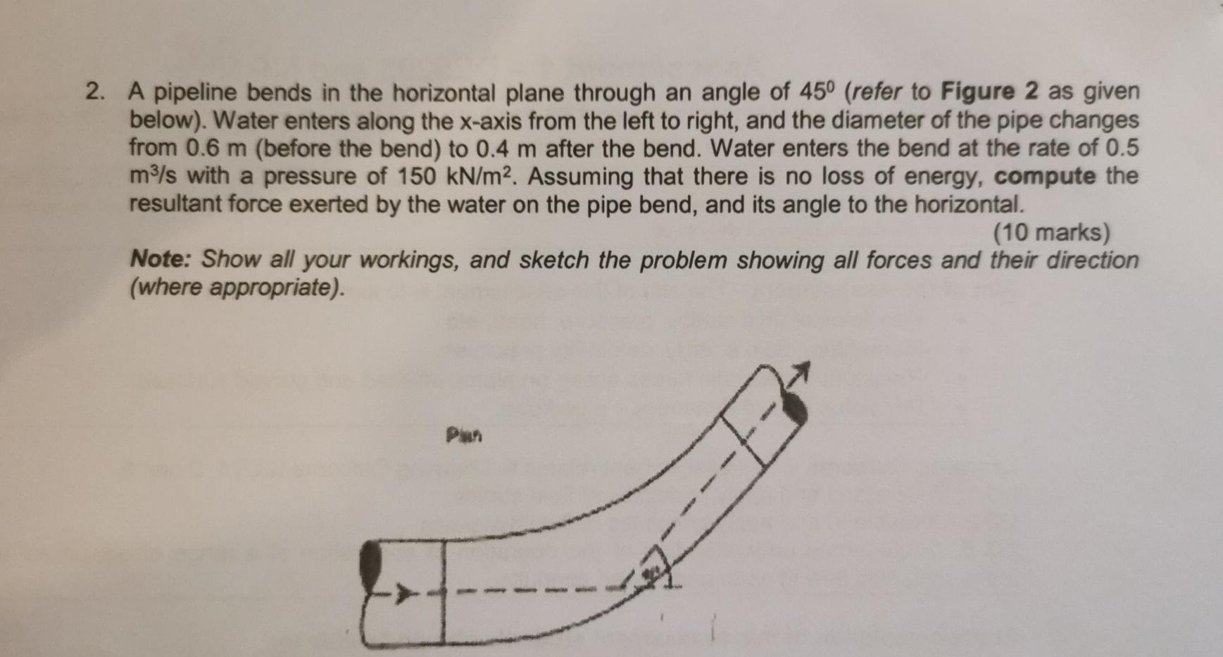 Solved 2. A pipeline bends in the horizontal plane through | Chegg.com