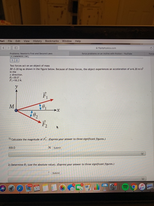 Solved Two forces act on an object of mass M=3.20 kg as | Chegg.com