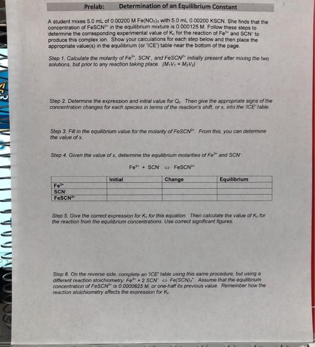 Solved Prelab: Determination of an Equilibrium Constant A | Chegg.com