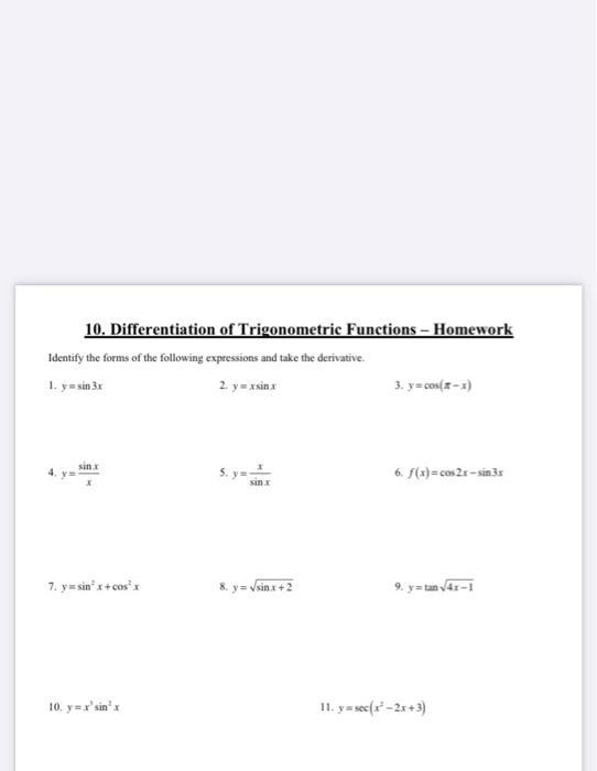 Solved 10. Differentiation of Trigonometric Functions - | Chegg.com