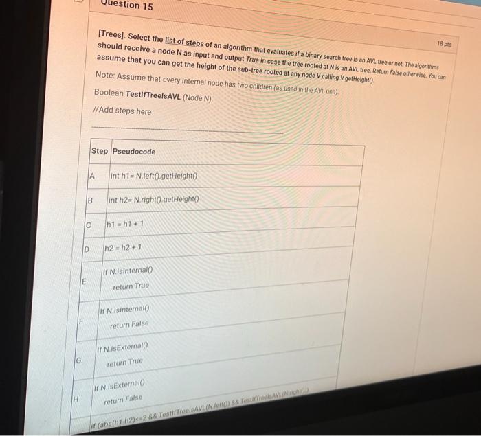 Solved question 15 18 pts [Trees]. Select the list of steps | Chegg.com
