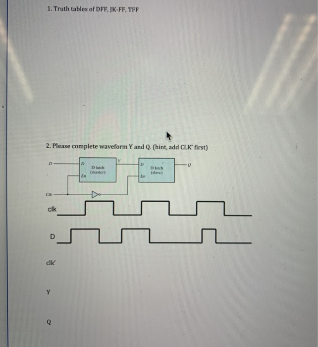 Solved 1. Truth tables of DFF, JK-FF, TFF 2. Please complete | Chegg.com