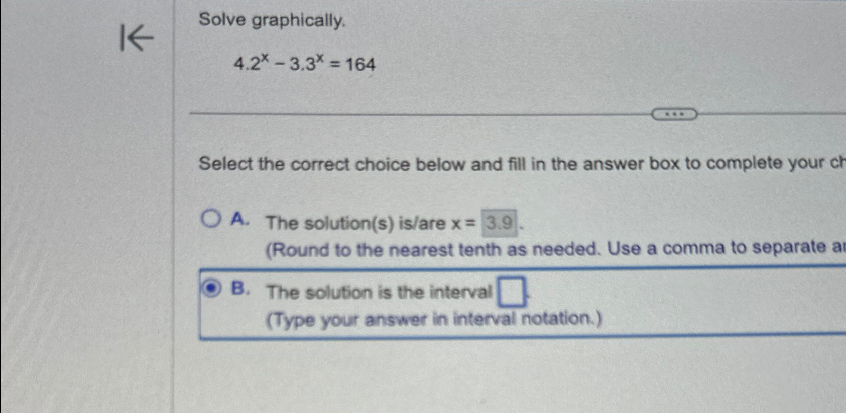Solved Solve graphically.4.2x-3.3x=164Select the correct | Chegg.com