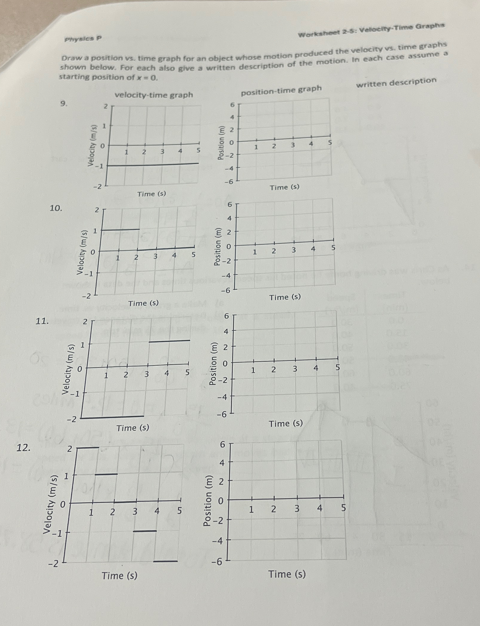Solved Physics PWorksheet 2-5: Vellocity-Time GraphsDraw a | Chegg.com