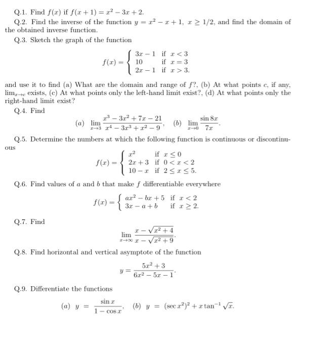 Solved Q.1. Find f(x) if f(x + 1) Q.2. Find the inverse of | Chegg.com