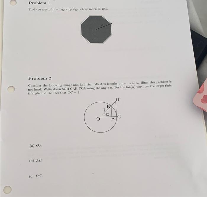 Solved Problem 1 Find the area of this huge stop sign whose | Chegg.com