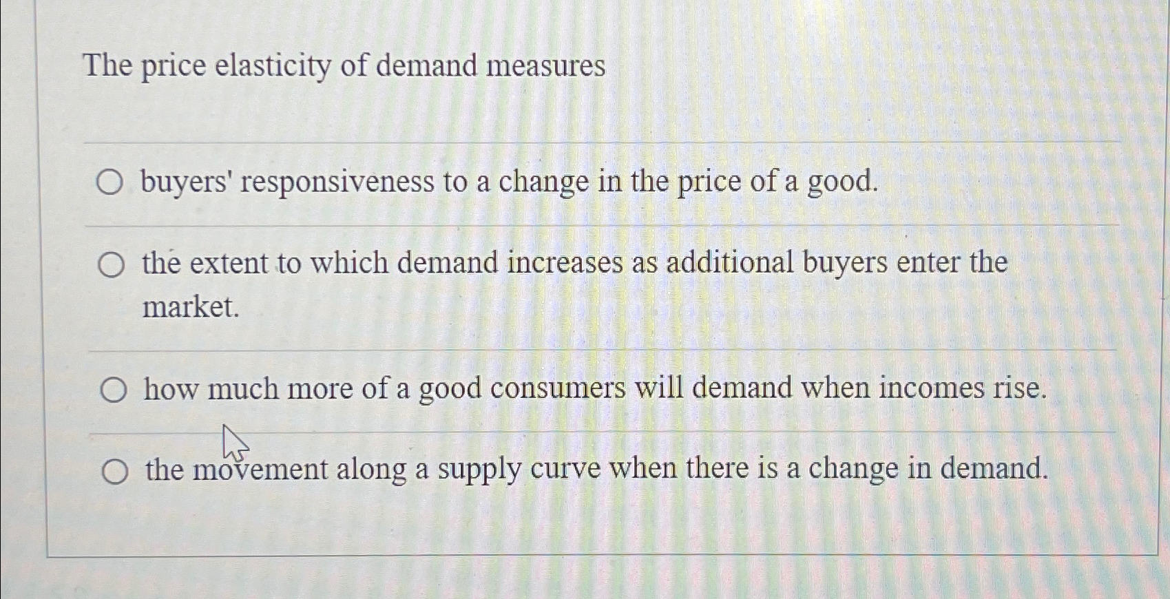 Solved The price elasticity of demand measuresbuyers' | Chegg.com