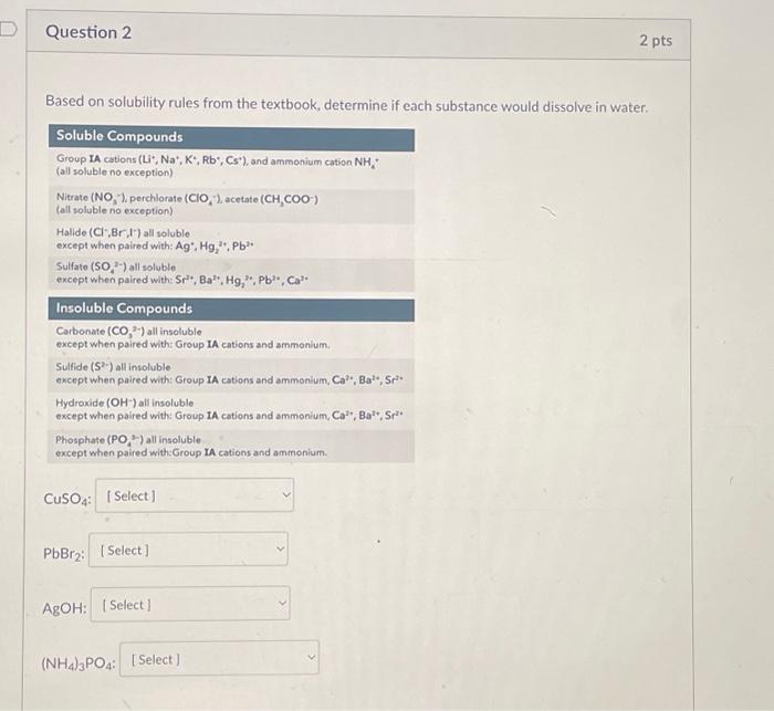 Solved Based on solubility rules from the textbook, | Chegg.com
