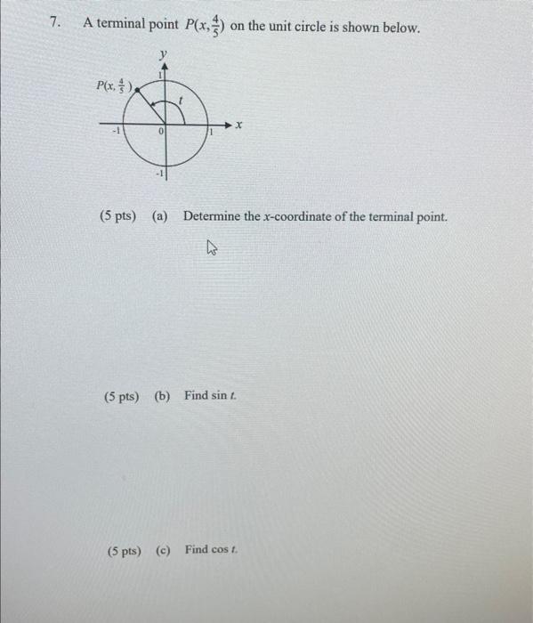 Solved 7. A terminal point P(x,54) on the unit circle is | Chegg.com