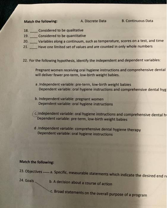 Solved Match the following: A. Discrete Data B. Continuous | Chegg.com