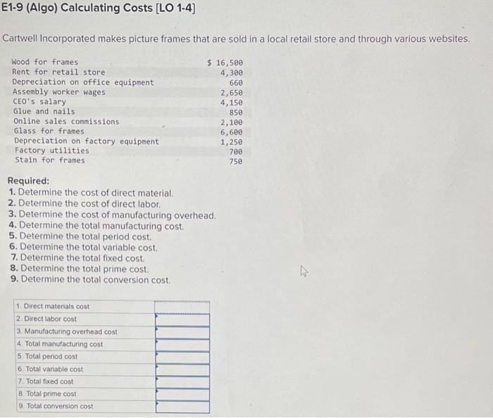 Solved E1-9 (Algo) Calculating Costs [LO 1-4] Cartwell | Chegg.com