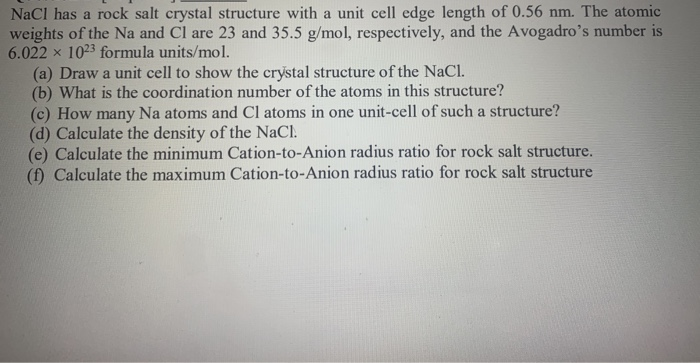 Solved NaCl has a rock salt crystal structure with a unit | Chegg.com
