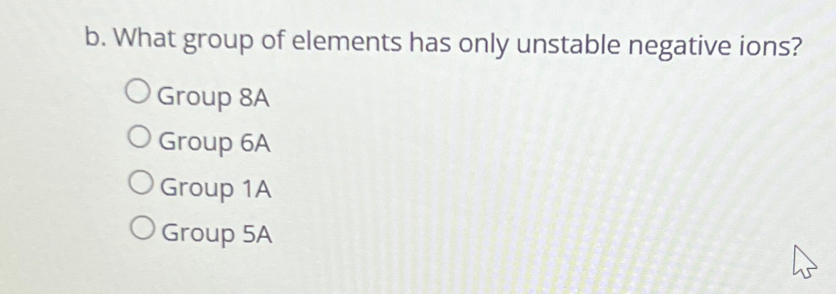 Solved b. ﻿What group of elements has only unstable negative | Chegg.com