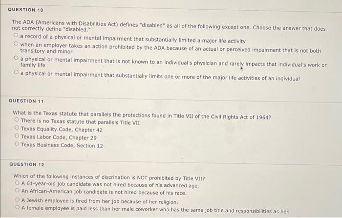 Solved QUESTION 10 The ADA (Americans with Disabilities Act) | Chegg.com