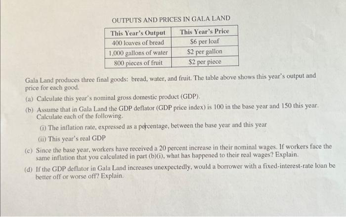 Solved OUTPUTS AND PRICES IN GALA LAND Gala Land produces | Chegg.com