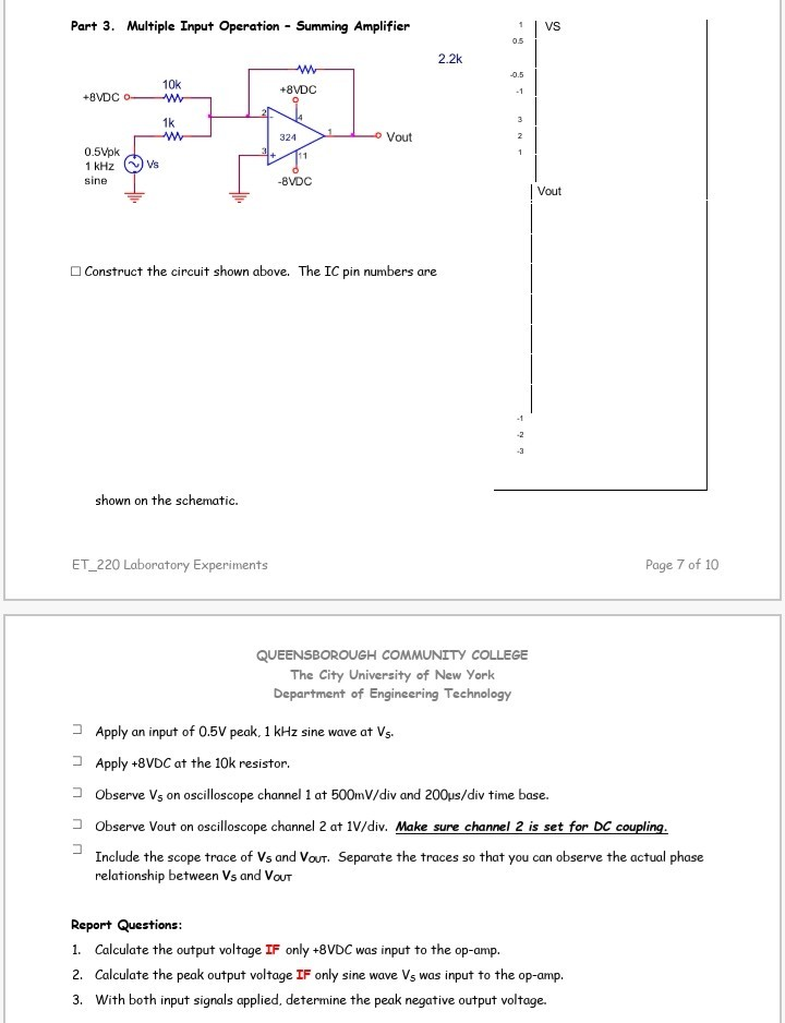 Solved Part 3. Multiple Input Operation - Summing Amplifier | Chegg.com