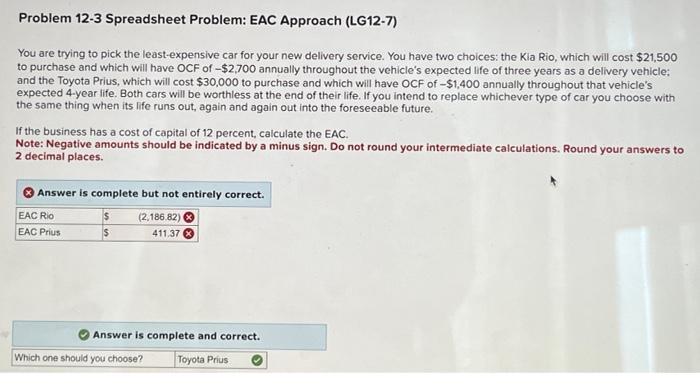 Solved Problem 12-3 Spreadsheet Problem: EAC Approach | Chegg.com