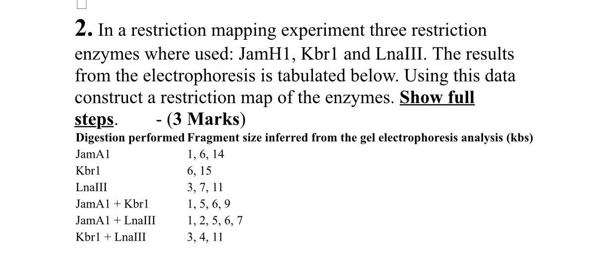 Solved 2. In a restriction mapping experiment three | Chegg.com
