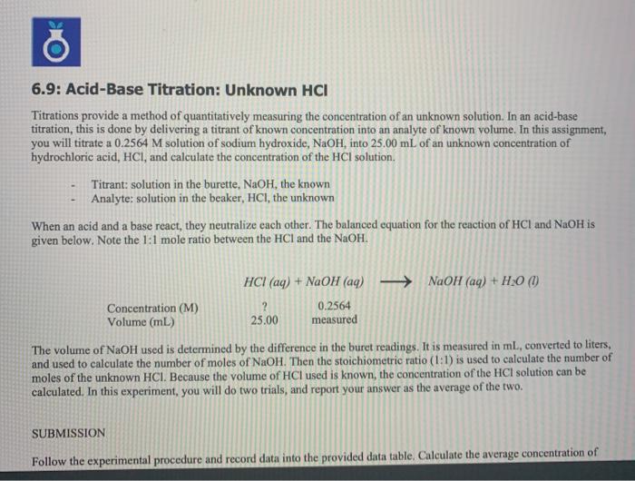 6.9: Acid-Base Titration: Unknown HCI Titrations | Chegg.com