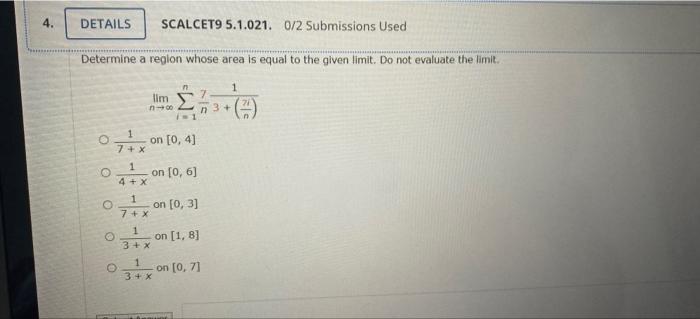 Solved 4. DETAILS SCALCET9 5.1.021. 0/2 Submissions Used | Chegg.com