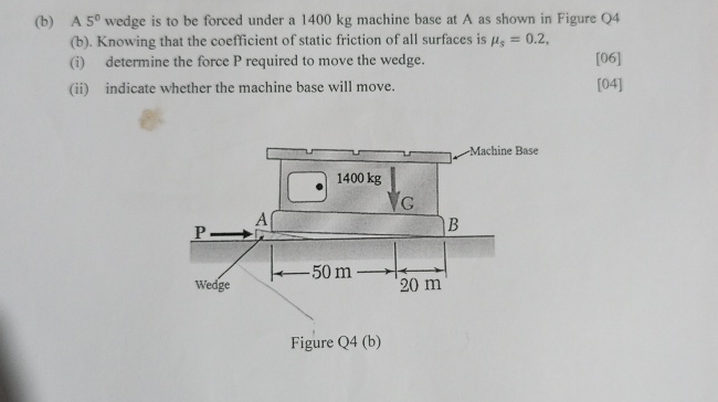 Solved (b) ﻿A 5° ﻿wedge is to be forced under a 1400kg | Chegg.com