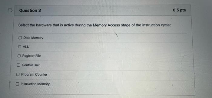 Solved Select the hardware that is active during the Memory | Chegg.com