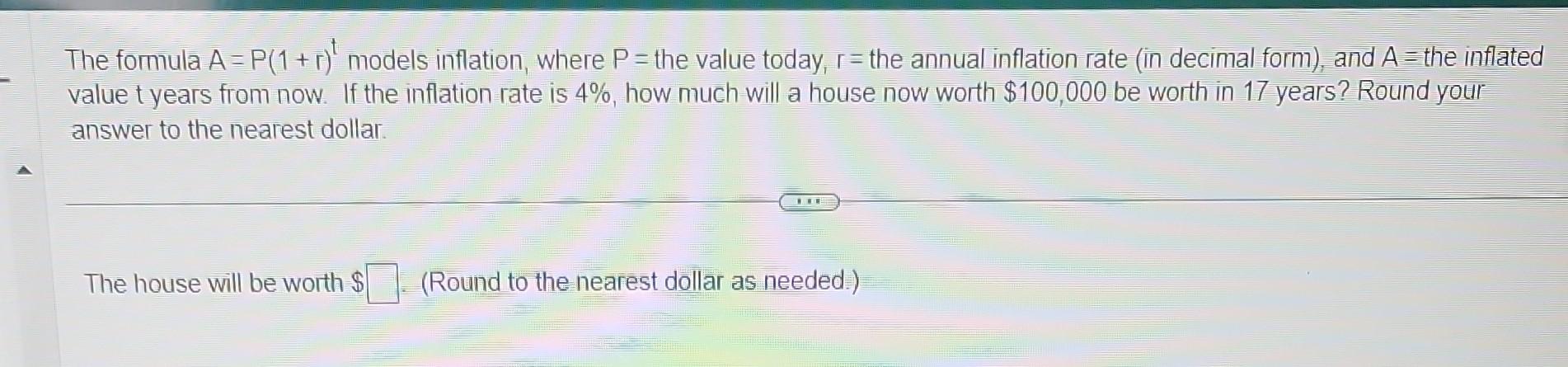 Solved The formula A=P(1+r)t models inflation, where P= the | Chegg.com