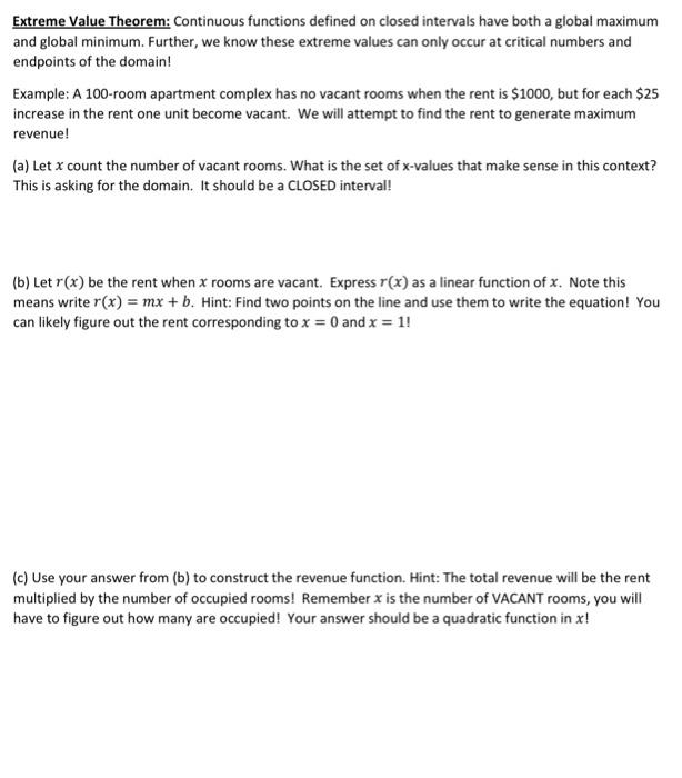 Solved Extreme Value Theorem: Continuous functions defined | Chegg.com