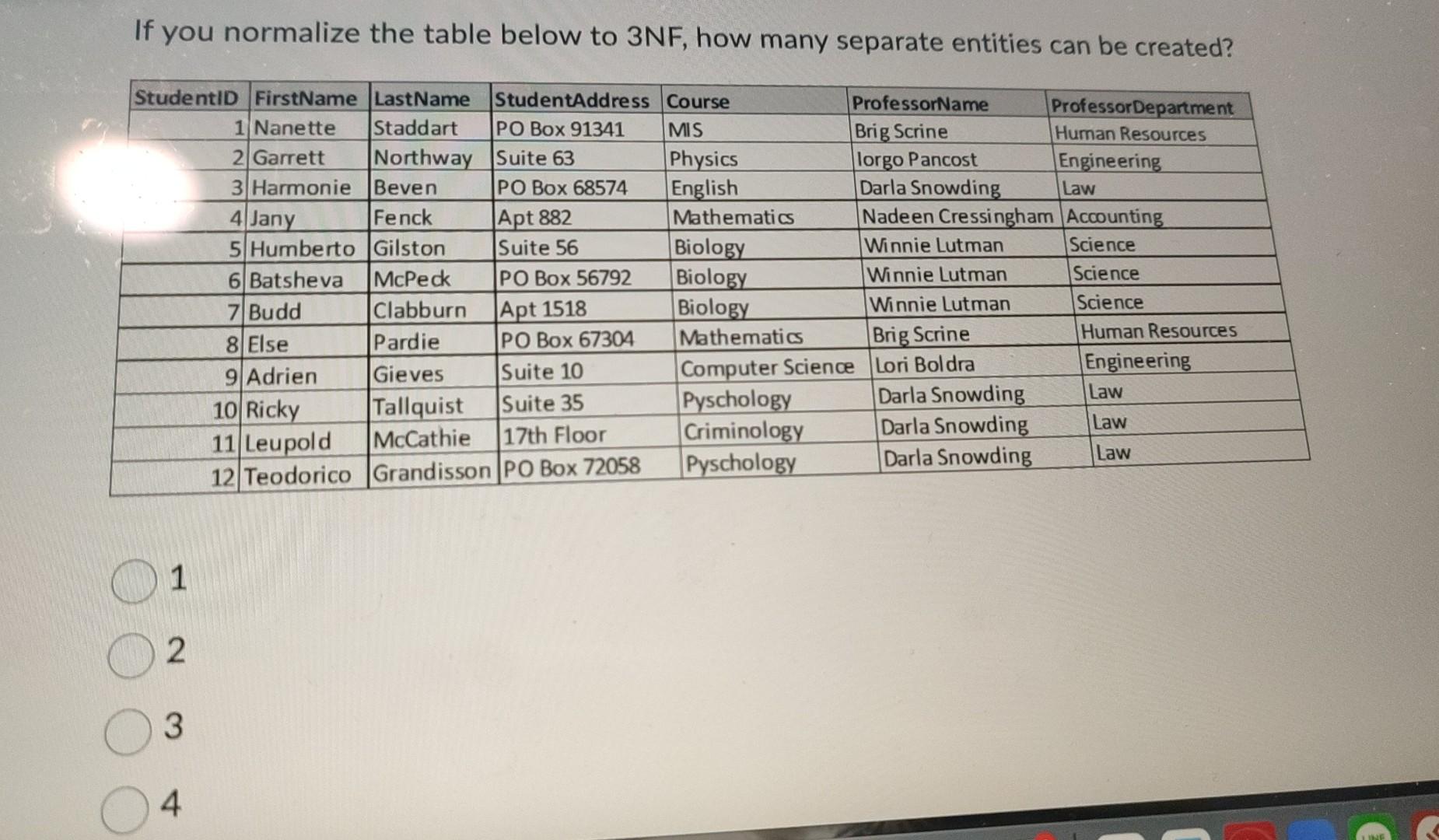 Solved If you normalize the table below to 3NF, how many | Chegg.com