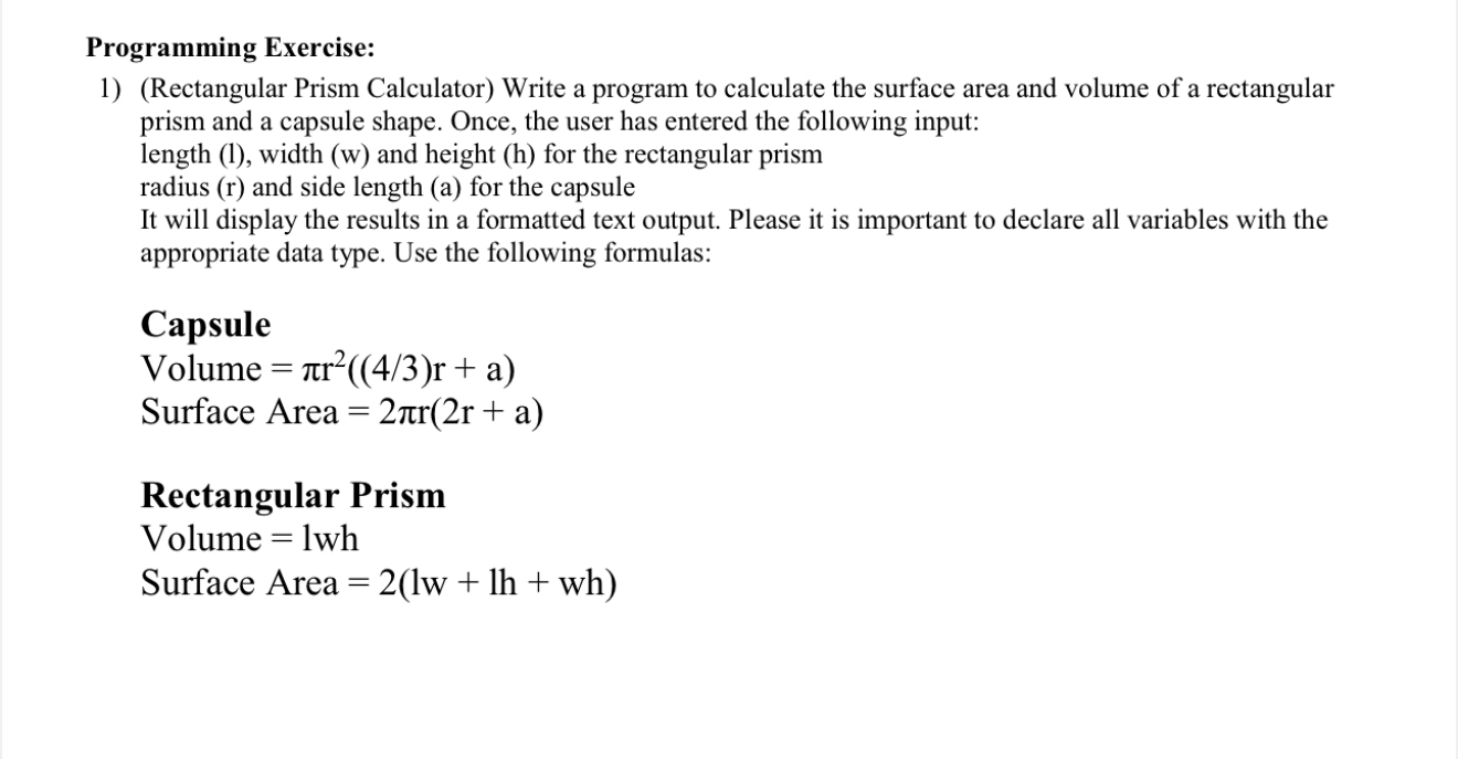 Solved Programming Exercise:(Rectangular Prism Calculator) | Chegg.com