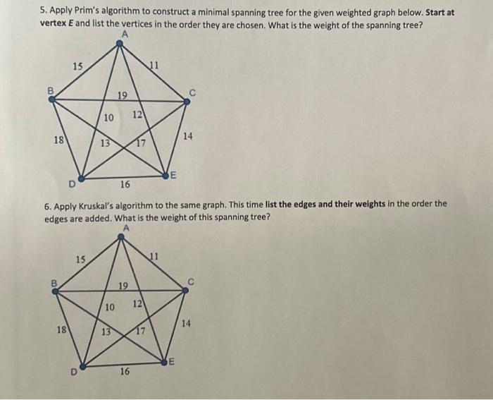 Solved 5. Apply Prim's algorithm to construct a minimal | Chegg.com