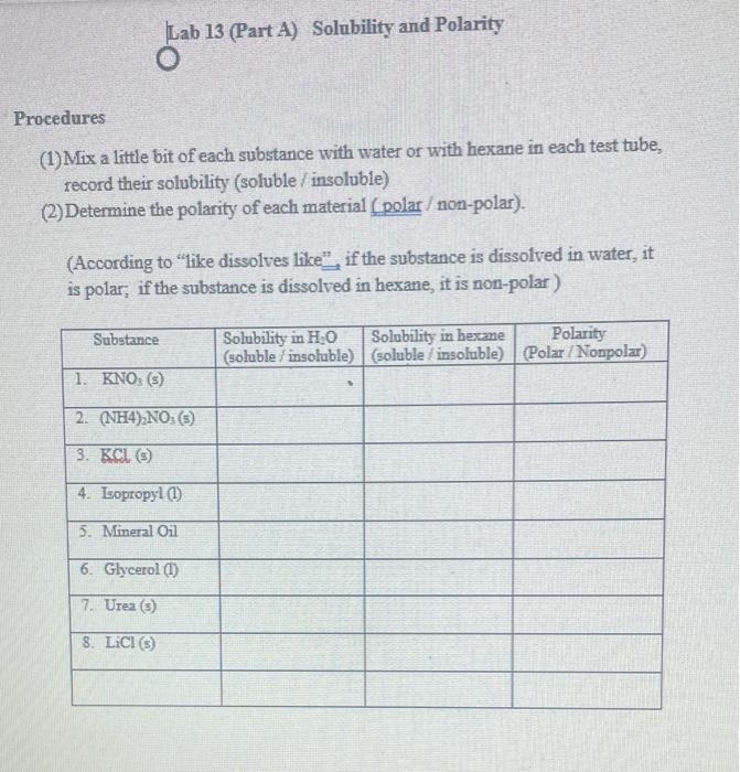 Solved Lab 13 (Part A) Solubility and Polarity Trocedures | Chegg.com