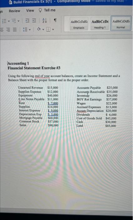 Solved Accounting 1 Financial Statement Exercise \#3 Using | Chegg.com