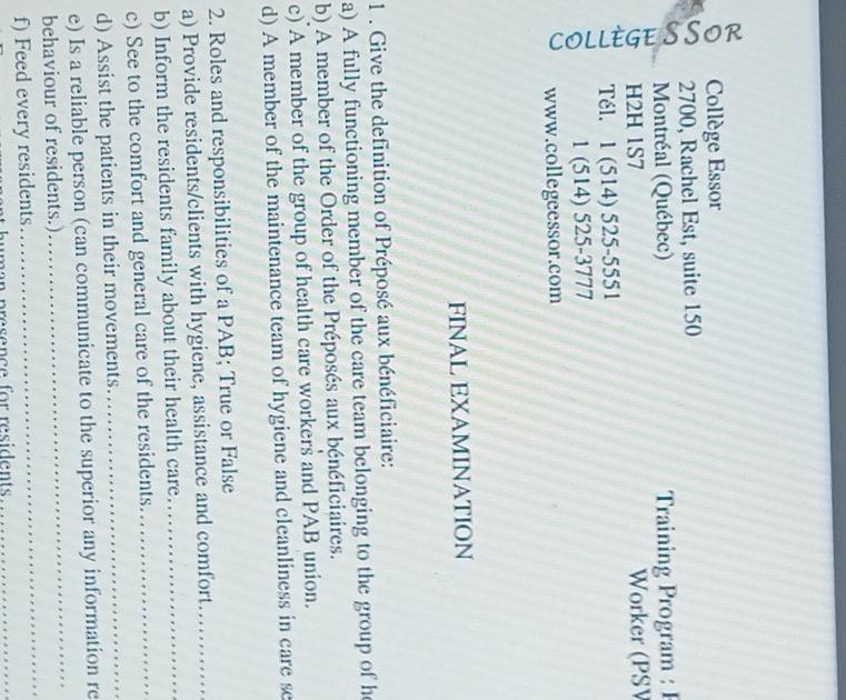 Solved FINAL EXAMINATION 1. Give the definition of Préposé | Chegg.com