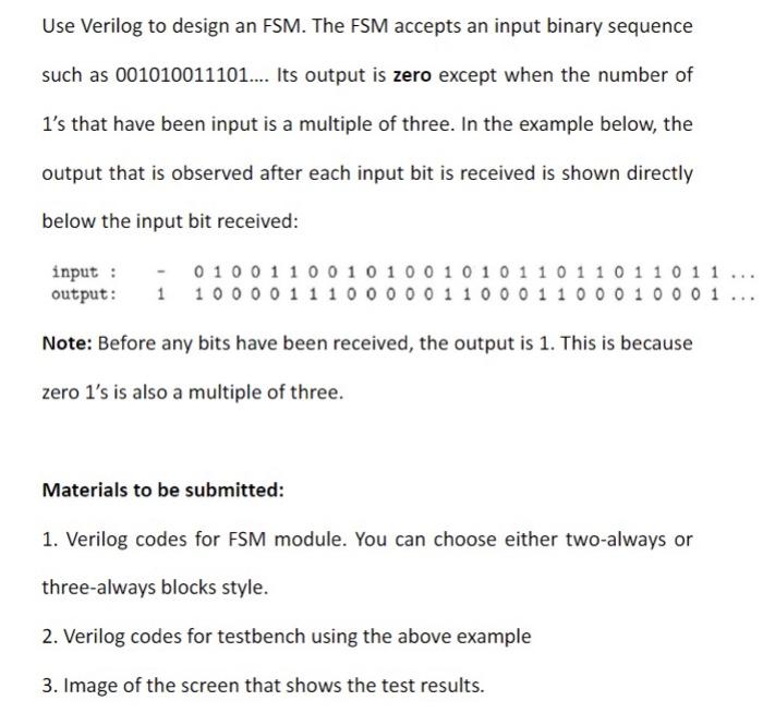 Solved Use Verilog to design an FSM. The FSM accepts an | Chegg.com