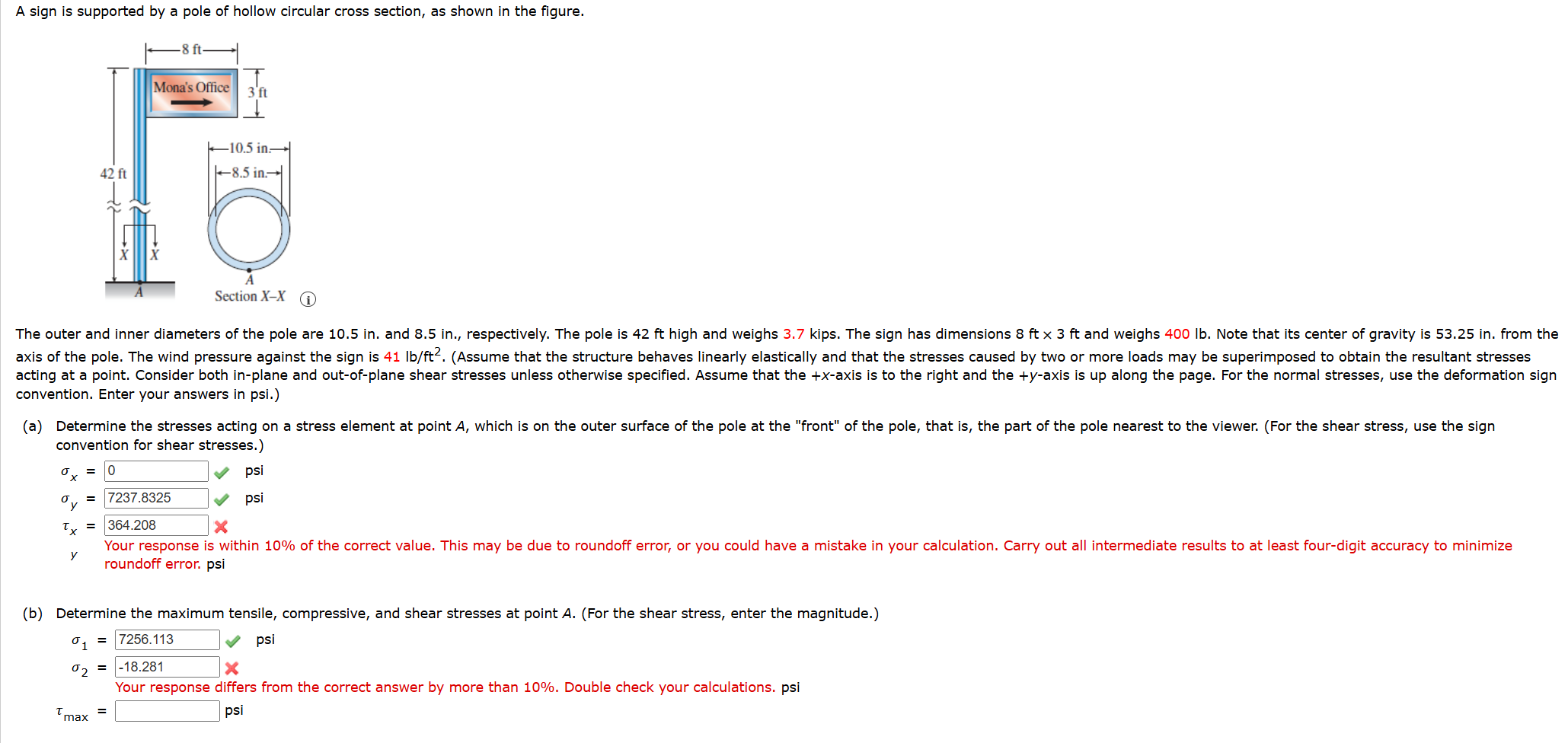 Solved A sign is supported by a pole of hollow circular | Chegg.com