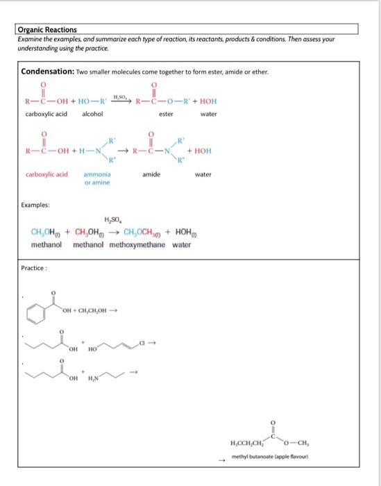 Solved Organic Reactions Examine the examples, and summarize | Chegg.com
