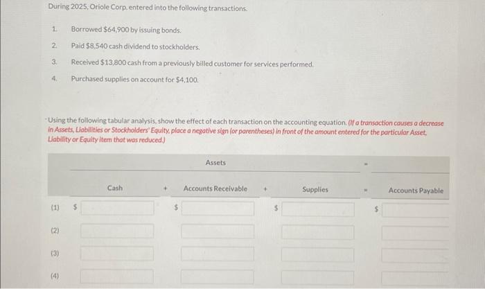 Solved During 2025, Oriole Corp. entered into the following | Chegg.com