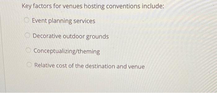 Solved Key factors for venues hosting conventions include: | Chegg.com
