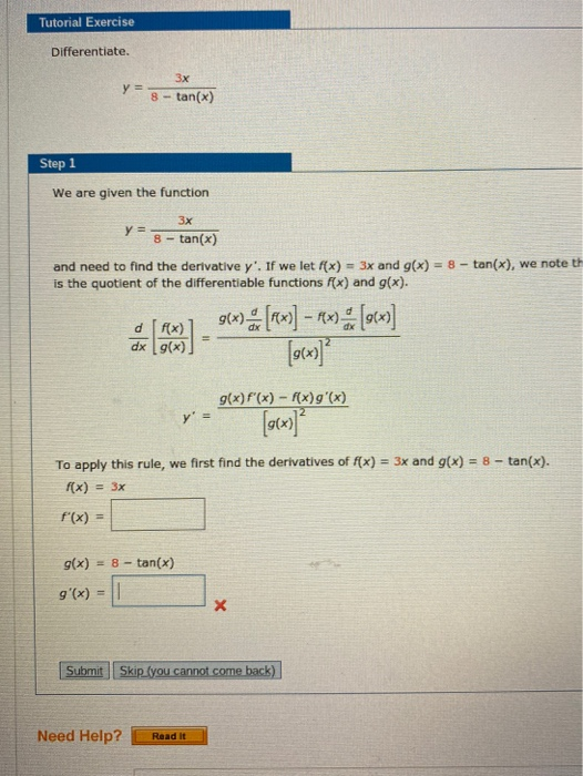 Solved Tutorial Exercise Differentiate. y = 3x 8 - tan(x) | Chegg.com