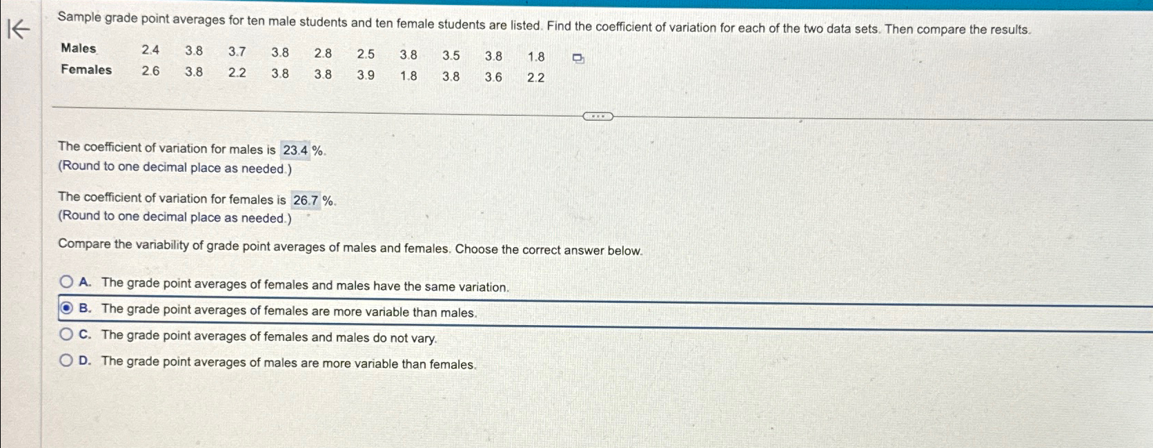 Solved Sample grade point averages for ten male students and | Chegg.com