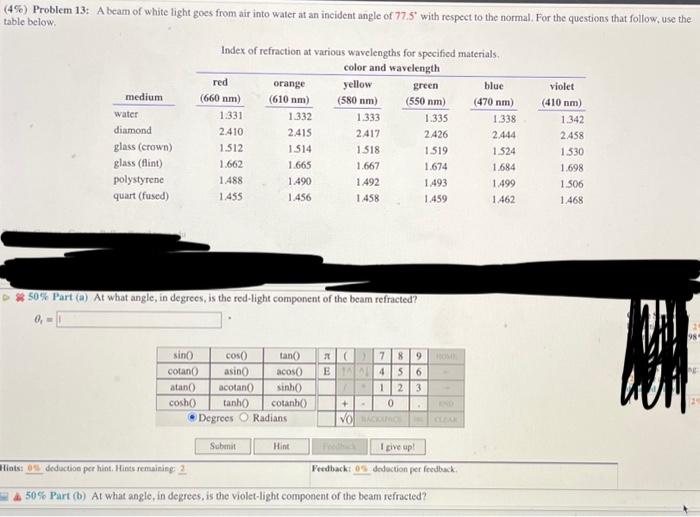Solved (4\%) Problem 13: A beam of white light goes from air | Chegg.com